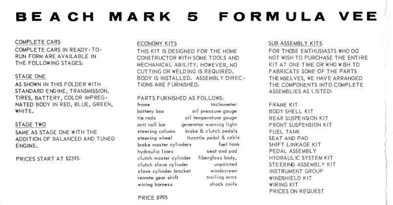 Beach Formula Vee Spec Sheets